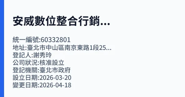 安威數位整合行銷有限公司的照片-統編 60332801(臺北市) 公司登記資料與營業項目詳細圖表