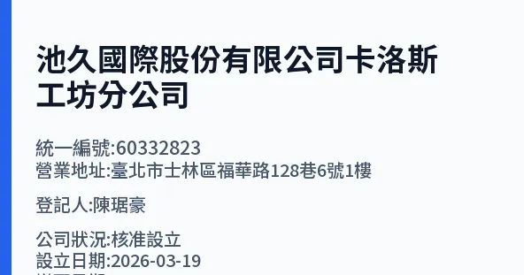 池久國際股份有限公司卡洛斯工坊分公司的照片-統編 60332823(臺北市) 公司登記資料與營業項目詳細圖表