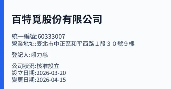 百特覓股份有限公司的照片-統編 60333007(臺北市) 公司登記資料與營業項目詳細圖表
