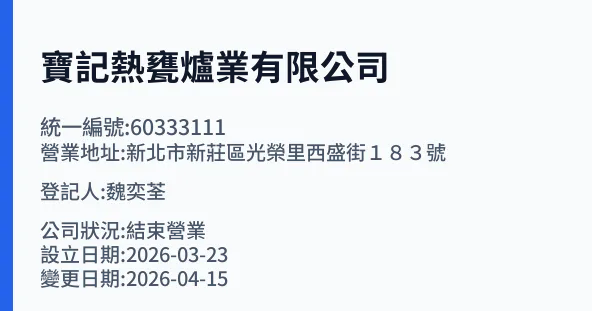 寶記熱甕爐業有限公司的照片-統編 60333111(新北市) 公司登記資料與營業項目詳細圖表