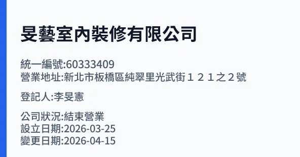 旻藝室內裝修有限公司的照片-統編 60333409(新北市) 公司登記資料與營業項目詳細圖表