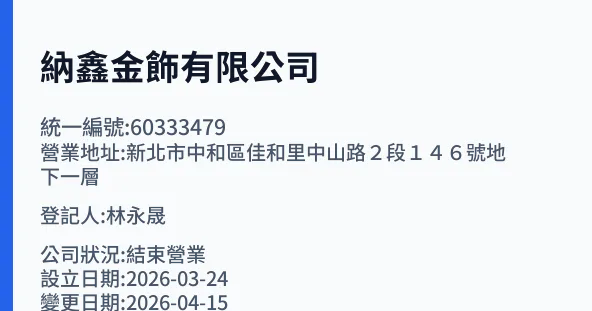 納鑫金飾有限公司的照片-統編 60333479(新北市) 公司登記資料與營業項目詳細圖表
