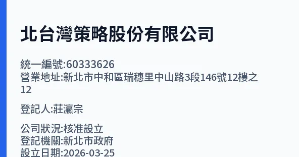 北台灣策略股份有限公司的照片-統編 60333626(新北市) 公司登記資料與營業項目詳細圖表