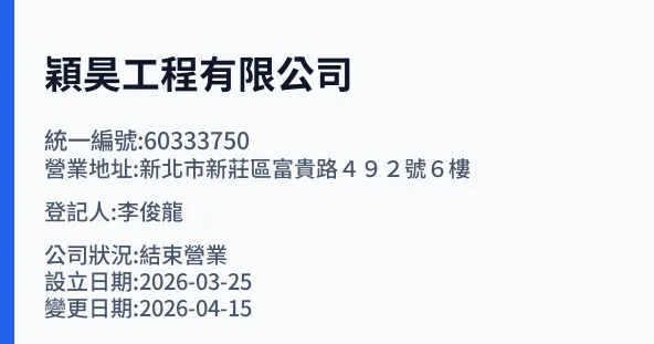 穎昊工程有限公司的照片-統編 60333750(新北市) 公司登記資料與營業項目詳細圖表