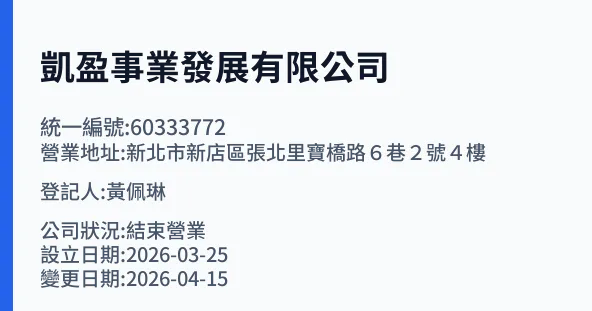 凱盈事業發展有限公司的照片-統編 60333772(新北市) 公司登記資料與營業項目詳細圖表