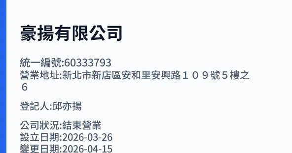 豪揚有限公司的照片-統編 60333793(新北市) 公司登記資料與營業項目詳細圖表