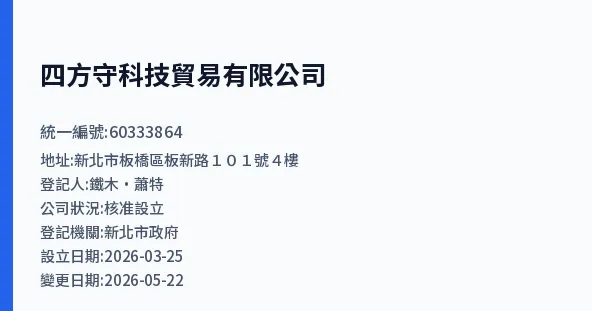 四方守科技貿易有限公司的照片-統編 60333864(新北市) 公司登記資料與營業項目詳細圖表