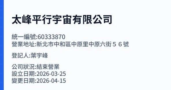 太峰平行宇宙有限公司的照片-統編 60333870(新北市) 公司登記資料與營業項目詳細圖表