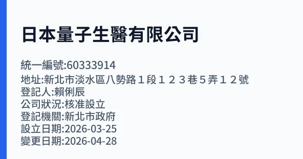 日本量子生醫有限公司的照片-統編 60333914(新北市) 公司登記資料與營業項目詳細圖表