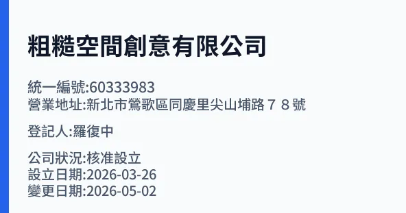 粗糙空間創意有限公司的照片-統編 60333983(新北市) 公司登記資料與營業項目詳細圖表
