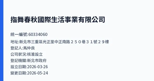 指舞春秋國際生活事業有限公司的照片-統編 60334060(新北市) 公司登記資料與營業項目詳細圖表