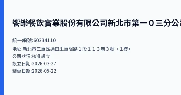 饗樂餐飲實業股份有限公司新北市第一0三分公司的照片-統編 60334110(新北市) 公司登記資料與營業項目詳細圖表