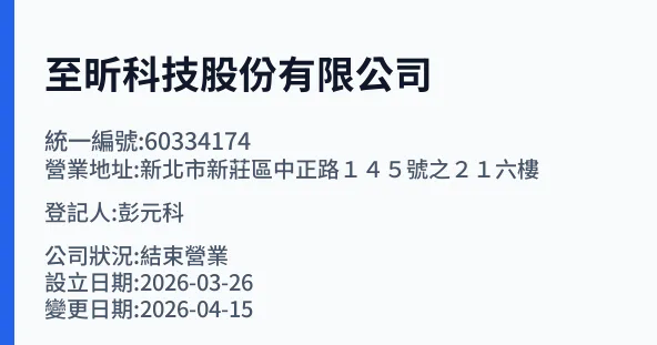 至昕科技股份有限公司的照片-統編 60334174(新北市) 公司登記資料與營業項目詳細圖表
