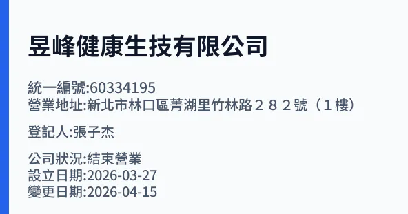 昱峰健康生技有限公司的照片-統編 60334195(新北市) 公司登記資料與營業項目詳細圖表