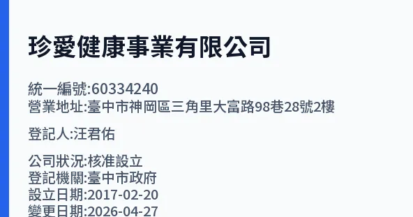 珍愛健康事業有限公司的照片-統編 60334240(臺中市) 公司登記資料與營業項目詳細圖表