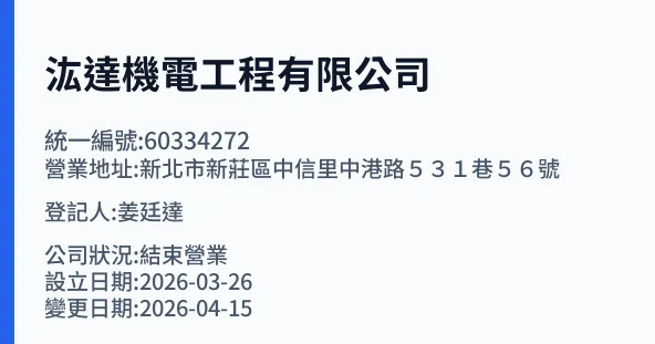 汯達機電工程有限公司的照片-統編 60334272(新北市) 公司登記資料與營業項目詳細圖表