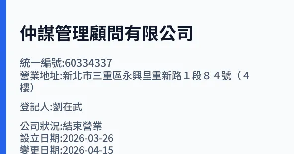 仲謀管理顧問有限公司的照片-統編 60334337(新北市) 公司登記資料與營業項目詳細圖表