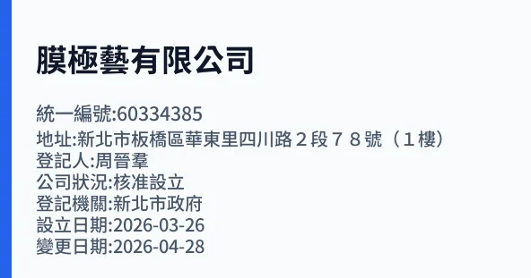 膜極藝有限公司的照片-統編 60334385(新北市) 公司登記資料與營業項目詳細圖表