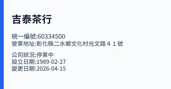 吉泰茶行的照片-統編 60334500(彰化縣) 公司登記資料與營業項目詳細圖表