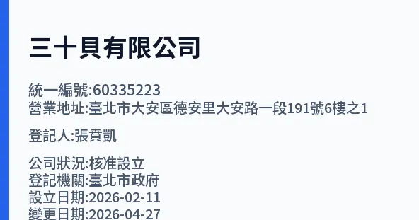 三十貝有限公司的照片-統編 60335223(臺北市) 公司登記資料與營業項目詳細圖表