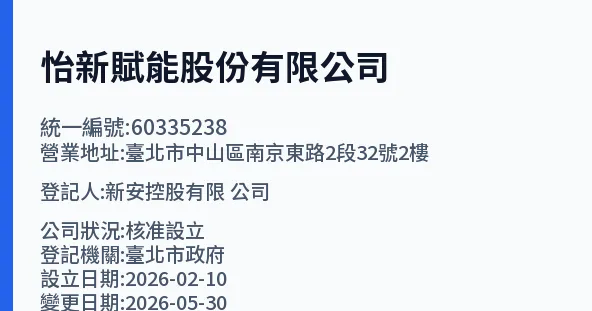 怡新賦能股份有限公司的照片-統編 60335238(臺北市) 公司登記資料與營業項目詳細圖表