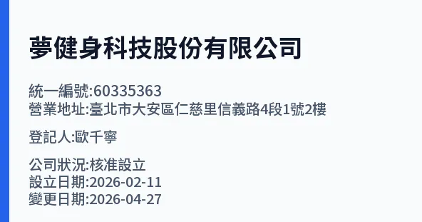 夢健身科技股份有限公司的照片-統編 60335363(臺北市) 公司登記資料與營業項目詳細圖表