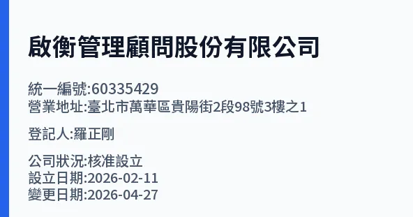 啟衡管理顧問股份有限公司的照片-統編 60335429(臺北市) 公司登記資料與營業項目詳細圖表