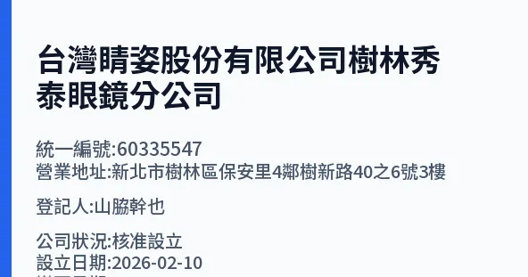 台灣睛姿股份有限公司樹林秀泰眼鏡分公司的照片-統編 60335547(新北市) 公司登記資料與營業項目詳細圖表