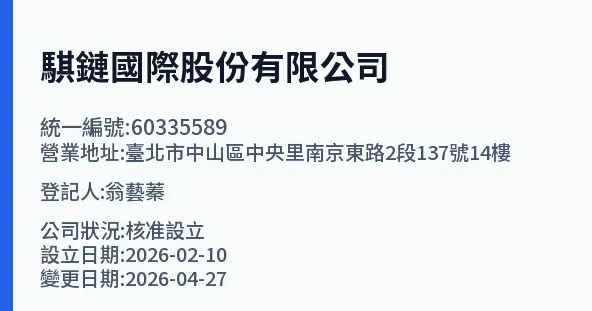 騏鏈國際股份有限公司的照片-統編 60335589(臺北市) 公司登記資料與營業項目詳細圖表