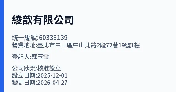 綾歆有限公司的照片-統編 60336139(臺北市) 公司登記資料與營業項目詳細圖表