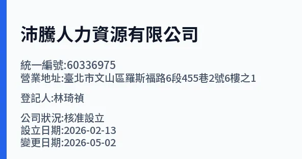 沛騰人力資源有限公司的照片-統編 60336975(臺北市) 公司登記資料與營業項目詳細圖表