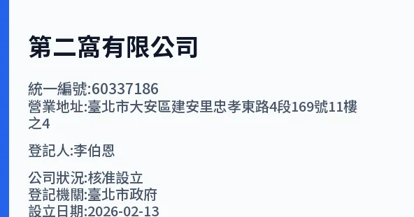 第二窩有限公司的照片-統編 60337186(臺北市) 公司登記資料與營業項目詳細圖表