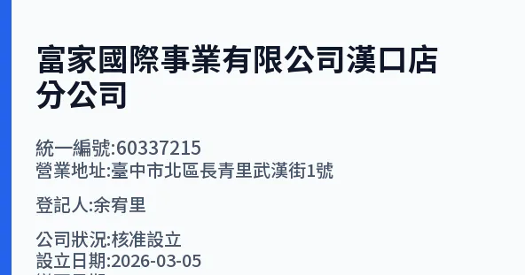 富家國際事業有限公司漢口店分公司的照片-統編 60337215(臺中市) 公司登記資料與營業項目詳細圖表