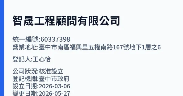 智晟工程顧問有限公司的照片-統編 60337398(臺中市) 公司登記資料與營業項目詳細圖表