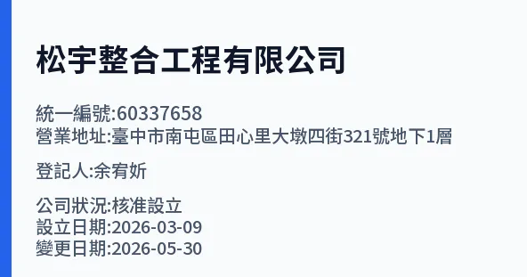 松宇整合工程有限公司的照片-統編 60337658(臺中市) 公司登記資料與營業項目詳細圖表