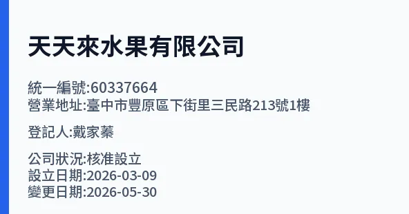 天天來水果有限公司的照片-統編 60337664(臺中市) 公司登記資料與營業項目詳細圖表