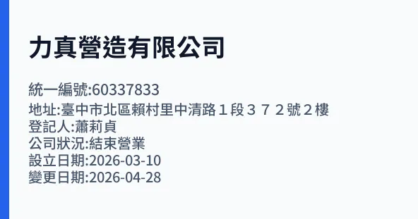 力真營造有限公司的照片-統編 60337833(臺中市) 公司登記資料與營業項目詳細圖表