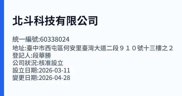 北斗科技有限公司的照片-統編 60338024(臺中市) 公司登記資料與營業項目詳細圖表