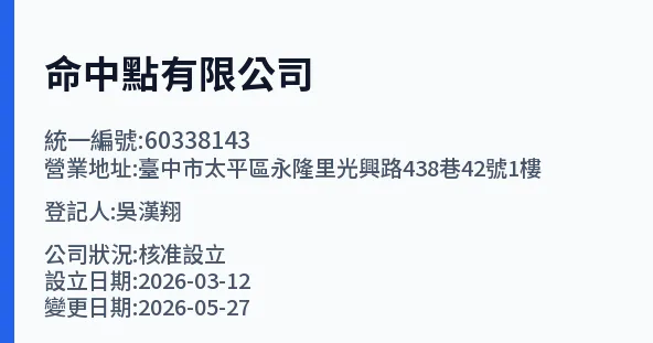 命中點有限公司的照片-統編 60338143(臺中市) 公司登記資料與營業項目詳細圖表