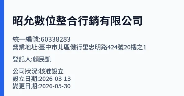 昭允數位整合行銷有限公司的照片-統編 60338283(臺中市) 公司登記資料與營業項目詳細圖表