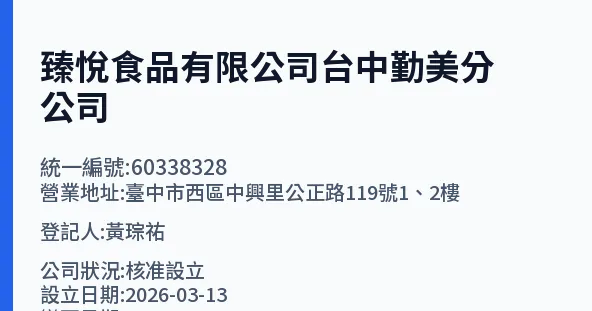 臻悅食品有限公司台中勤美分公司的照片-統編 60338328(臺中市) 公司登記資料與營業項目詳細圖表