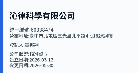沁律科學有限公司的照片-統編 60338474(臺中市) 公司登記資料與營業項目詳細圖表
