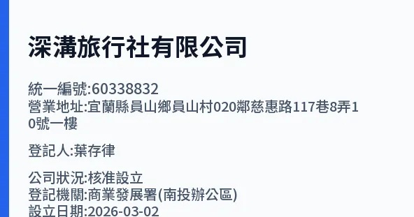 深溝旅行社有限公司的照片-統編 60338832(宜蘭縣) 公司登記資料與營業項目詳細圖表