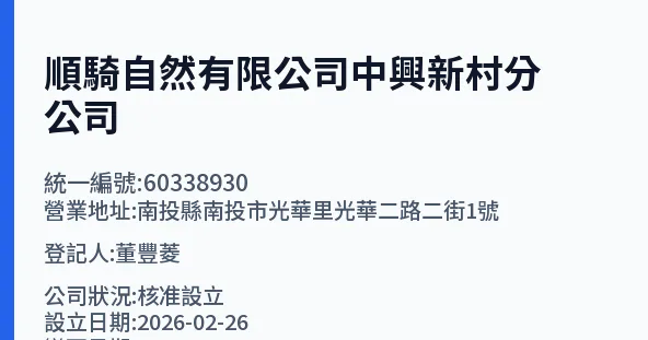 順騎自然有限公司中興新村分公司的照片-統編 60338930(南投縣) 公司登記資料與營業項目詳細圖表