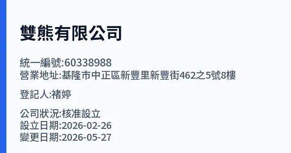 雙熊有限公司的照片-統編 60338988(基隆市) 公司登記資料與營業項目詳細圖表