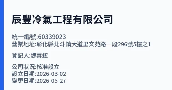 辰豐冷氣工程有限公司的照片-統編 60339023(彰化縣) 公司登記資料與營業項目詳細圖表