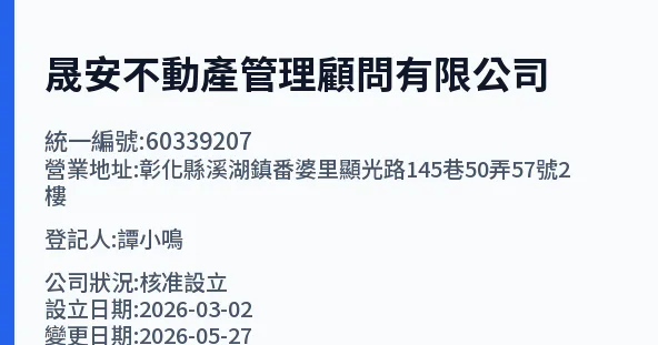 晟安不動產管理顧問有限公司的照片-統編 60339207(彰化縣) 公司登記資料與營業項目詳細圖表