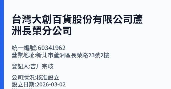 台灣大創百貨股份有限公司蘆洲長榮分公司的照片-統編 60341962(新北市) 公司登記資料與營業項目詳細圖表