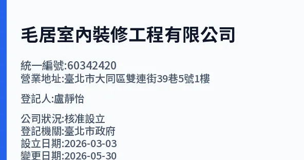 毛居室內裝修工程有限公司的照片-統編 60342420(臺北市) 公司登記資料與營業項目詳細圖表