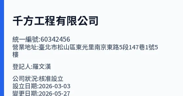 千方工程有限公司的照片-統編 60342456(臺北市) 公司登記資料與營業項目詳細圖表